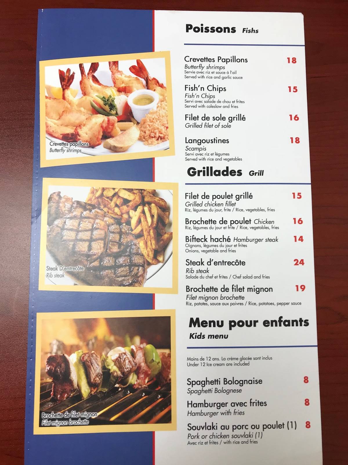 Menu au Mirage New York - Breakfast - Lunch - Dinner restaurant, Laval