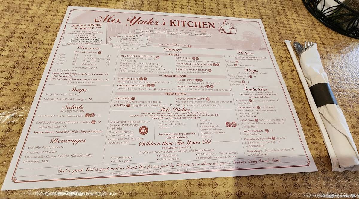 Menu at Mrs Yoders Kitchen restaurant, Mount Hope