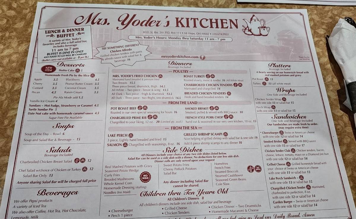 Menu at Mrs Yoders Kitchen restaurant, Mount Hope