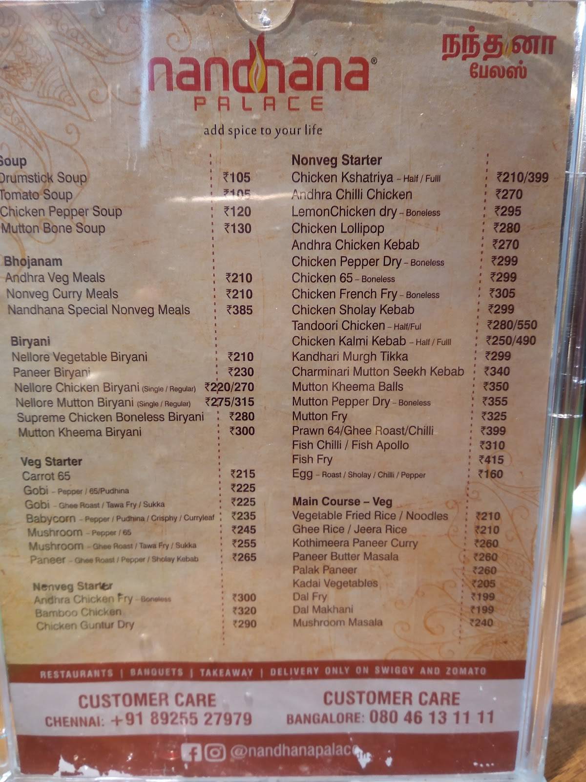 Menu at Nandhana Palace - Andhra Style Restaurant, Chennai