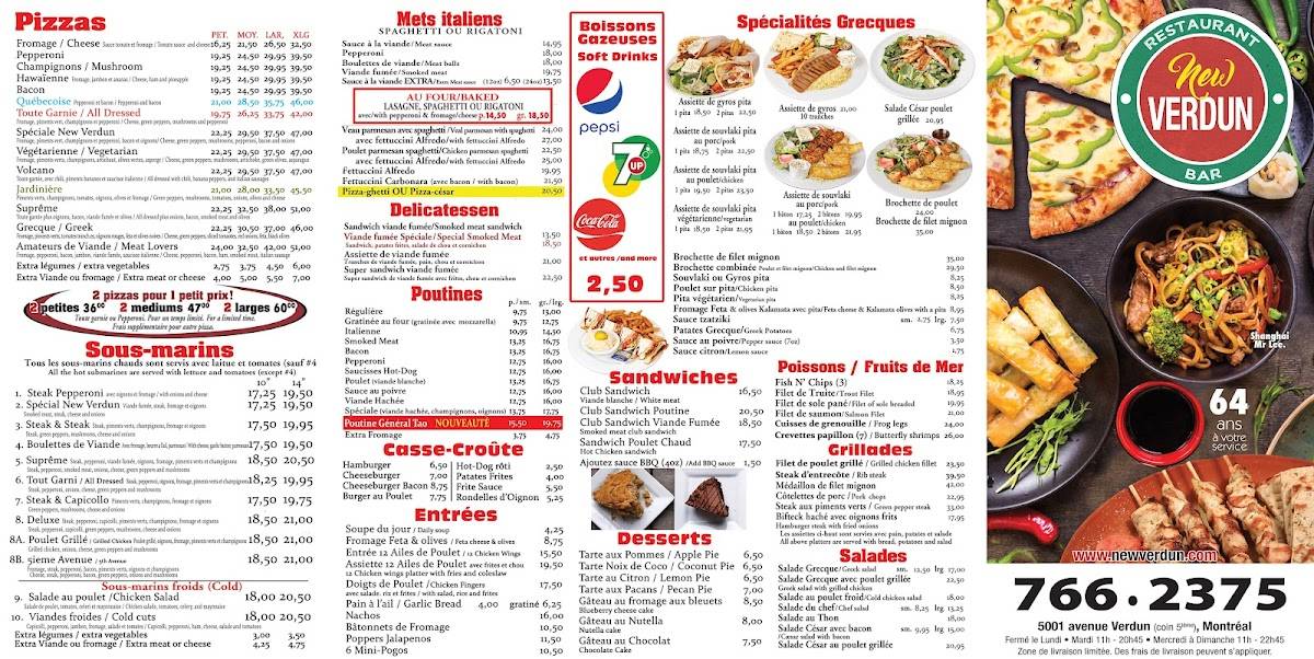 Menu au Nouveau Verdun restaurant, Montréal