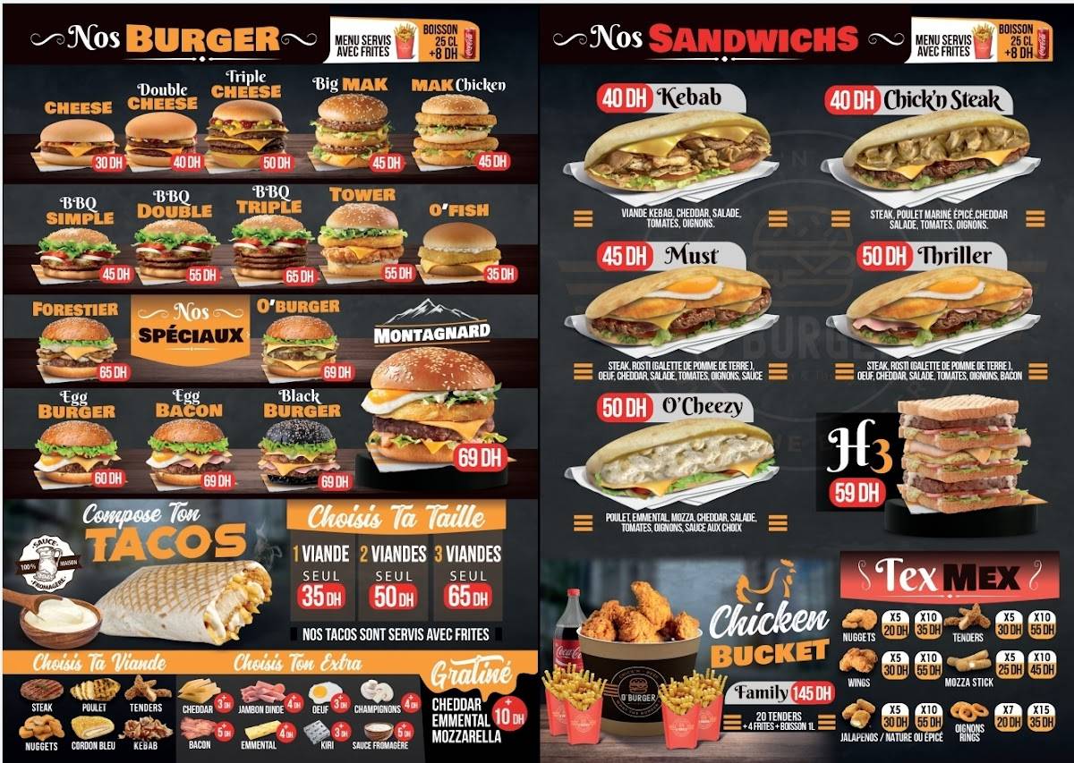 Menu au O'BURGER restaurant, Mohammedia