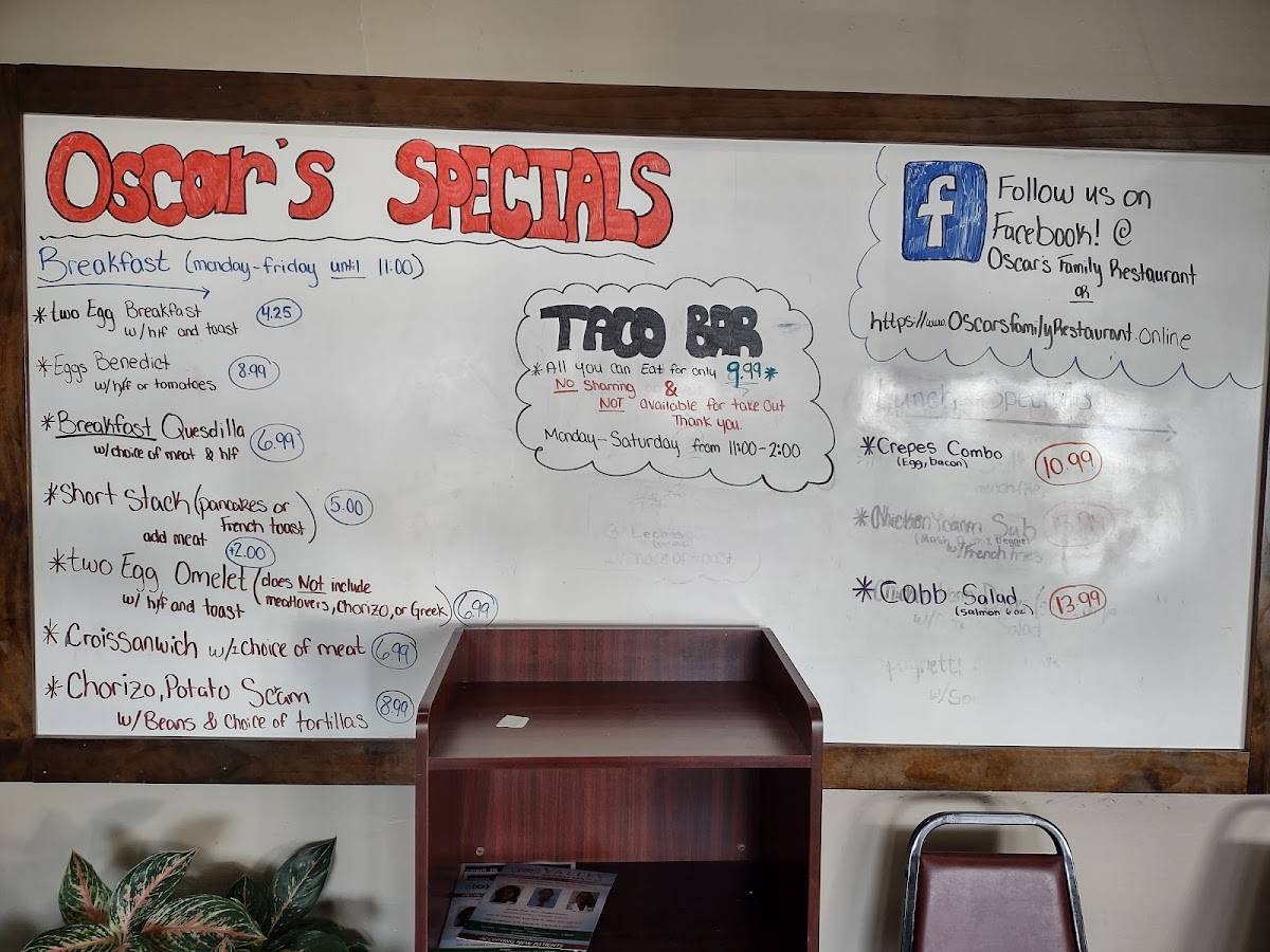 Menu at Oscar's Family Restaurant, Sebring