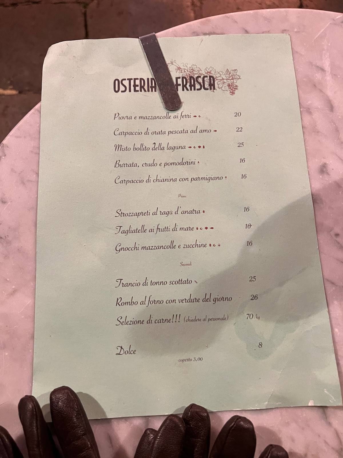 Menu at Osteria Alla Frasca restaurant, Venice, Corte de la Carità