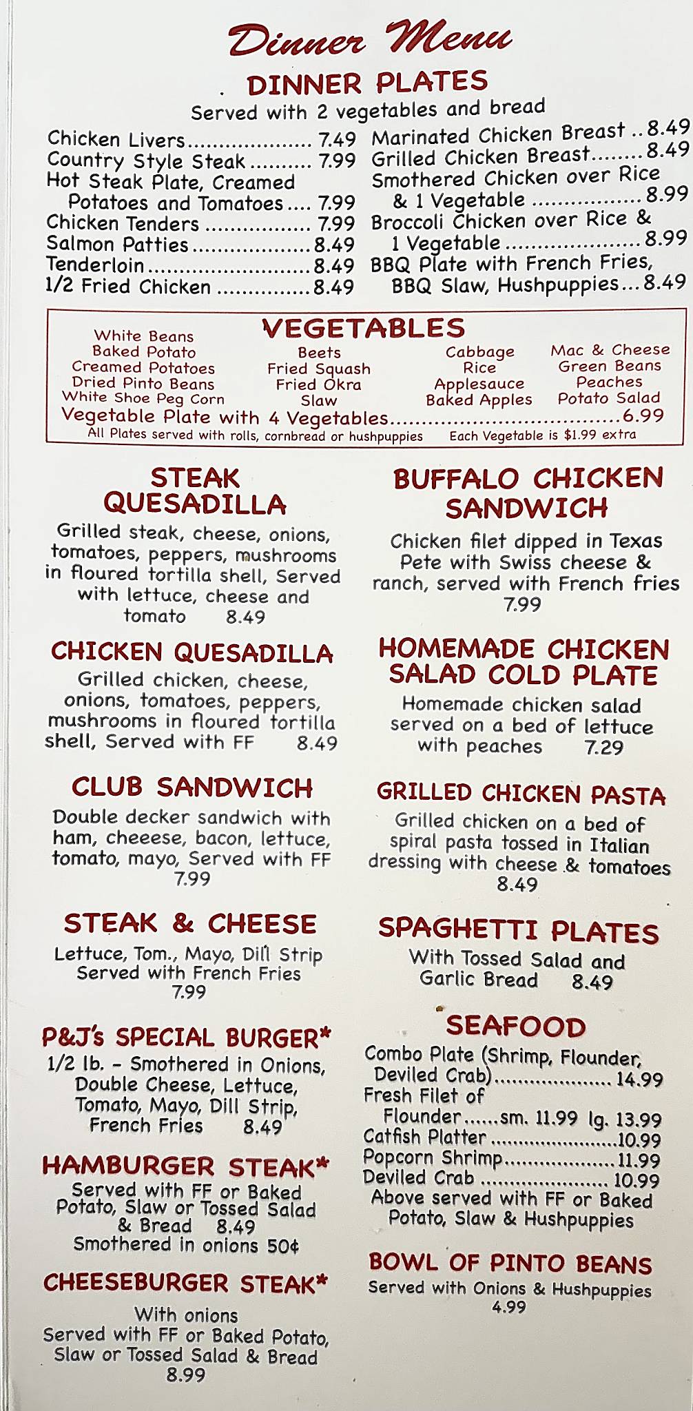 Menu at P & J's Diner restaurant, Asheboro