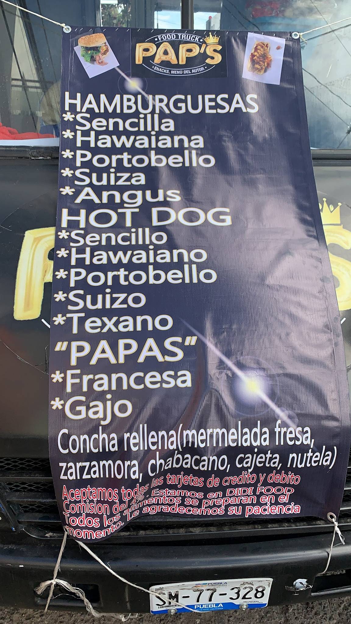 Menu at PAP'S FOOD TRUCK restaurant, Puebla City