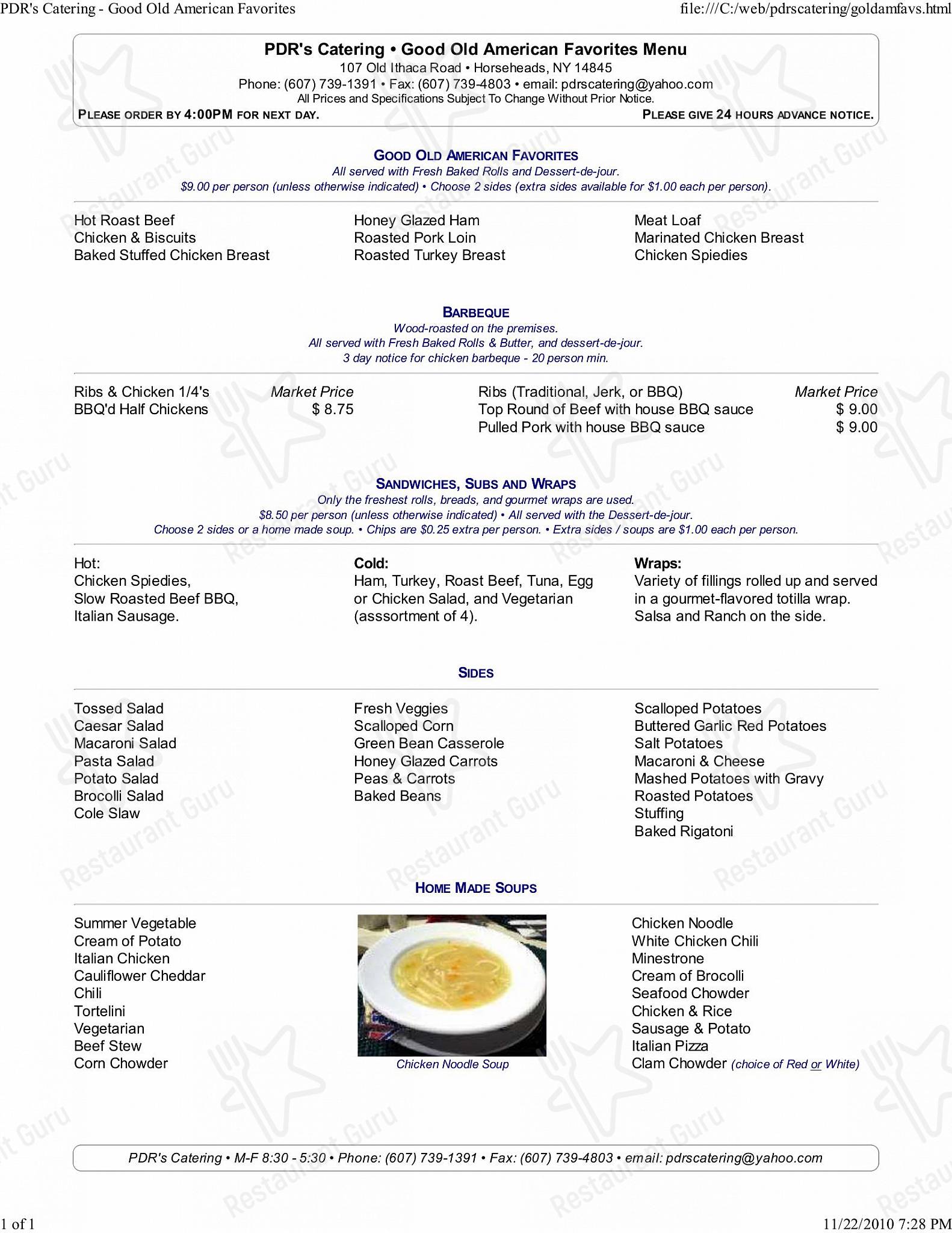 Menu at PDR's Catering, Horseheads