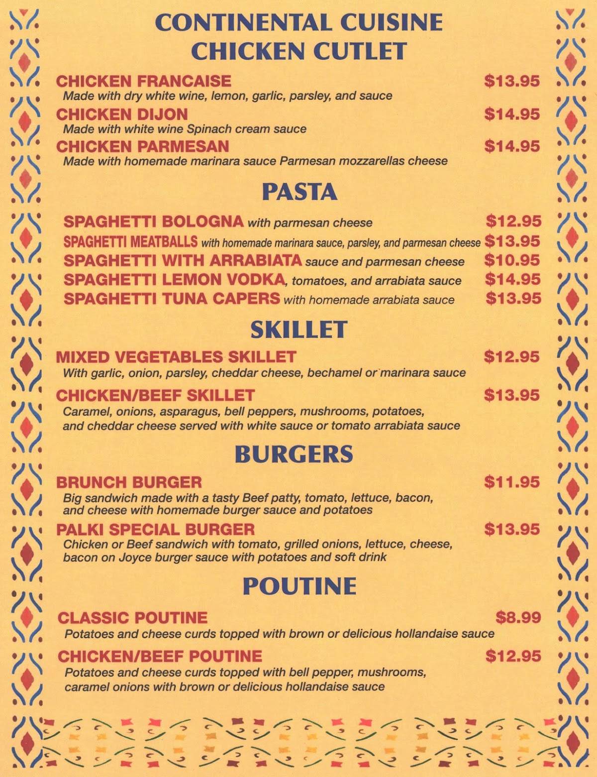 Menu at Palki Cuisine of India restaurant, Ottawa, Russell Rd