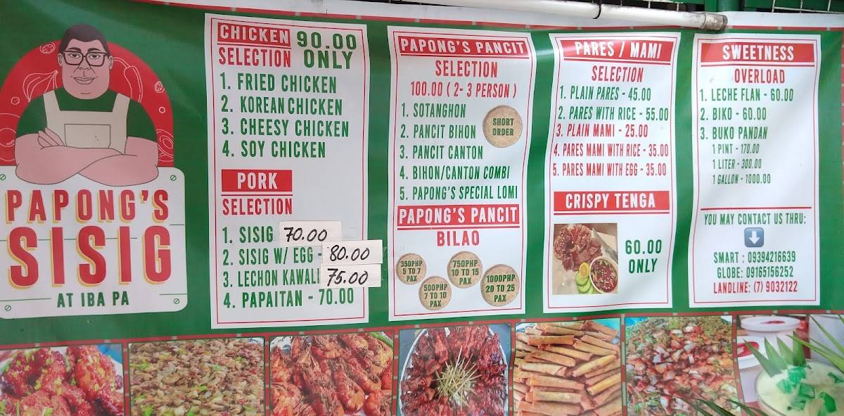 Menu at Papong's sisig restaurant, Quezon City