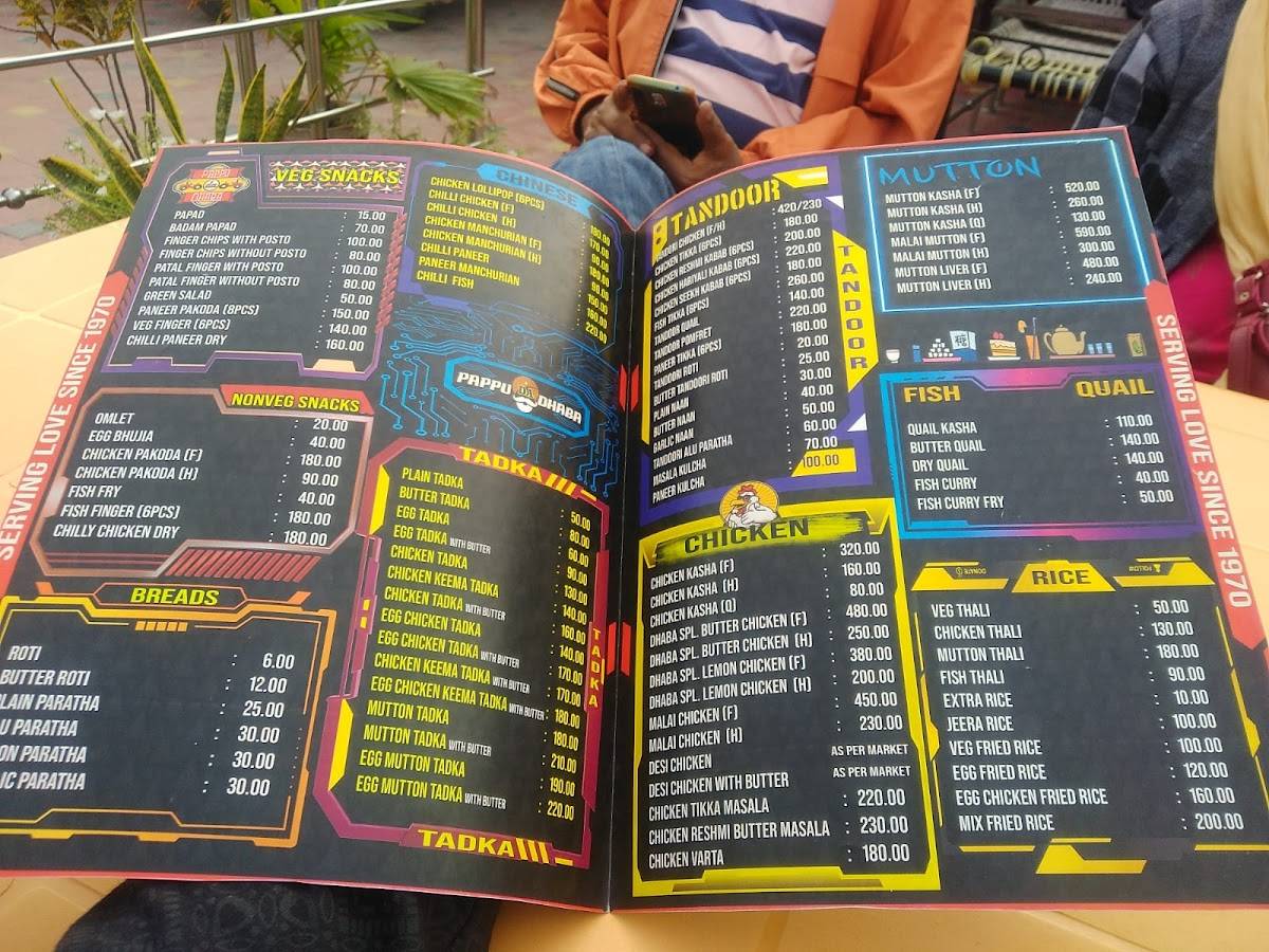 Menu at Pappu Da Dhaba, India, Dakshingram Palsanda
