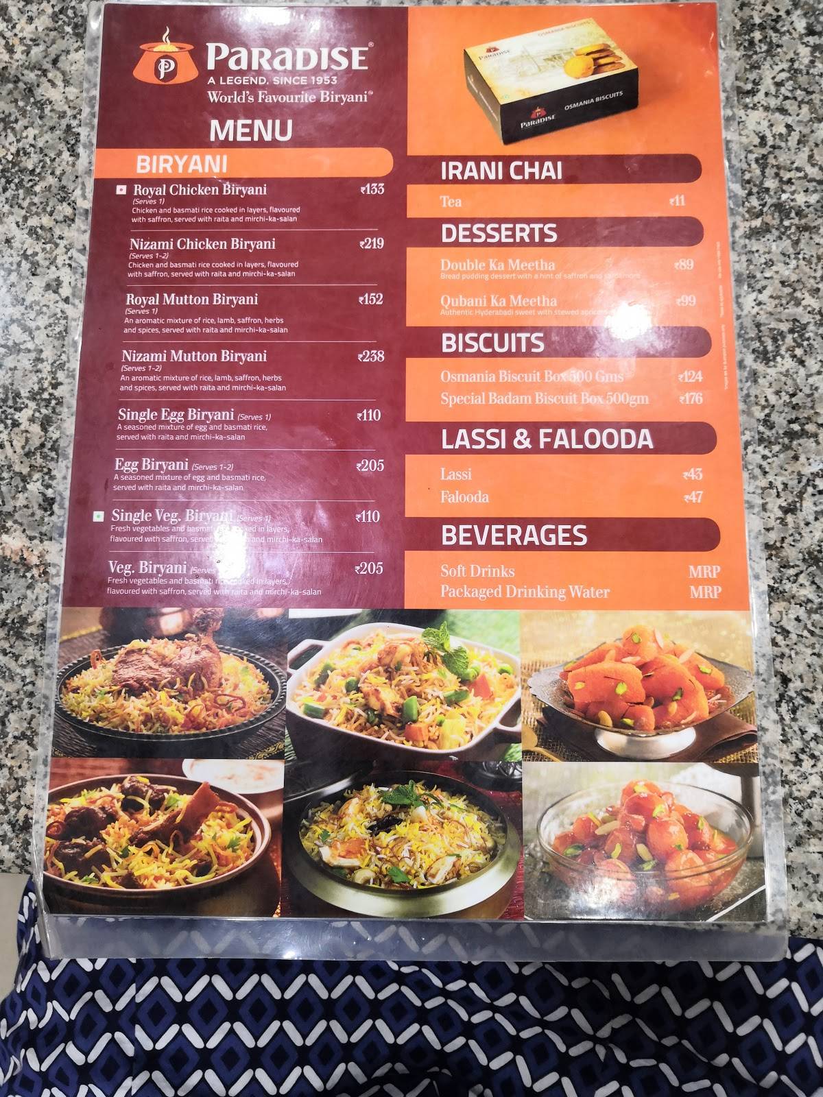 Menu at Paradise Biryani MGBS, Hyderabad, Bus Stand