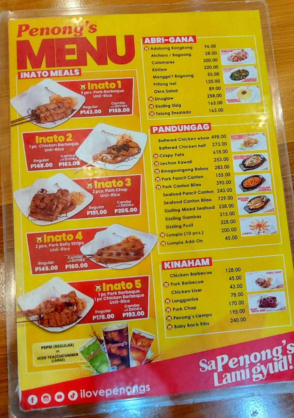Menu at Penong's Gmall of Toril restaurant, Davao City