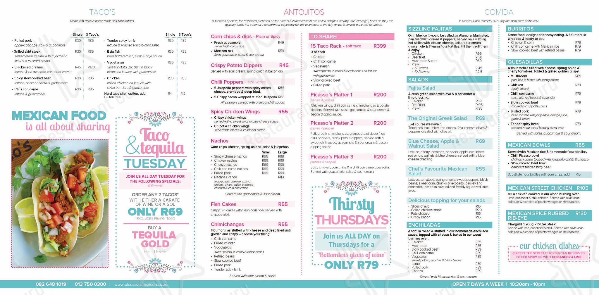 Menu at Picasso's Mexican Taqueria restaurant, White River