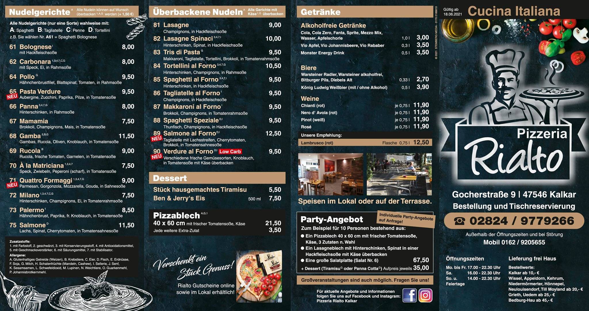 Speisekarte von Pizzeria Rialto, Kalkar