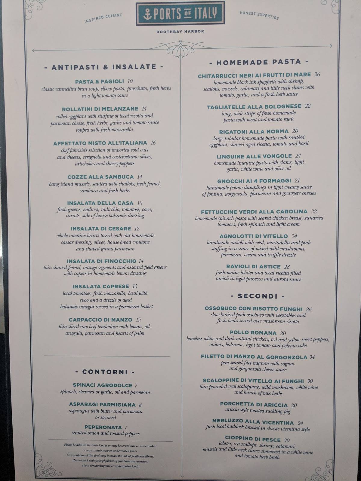 Menu at Ports of Italy, Boothbay Harbor restaurant, Boothbay Harbor