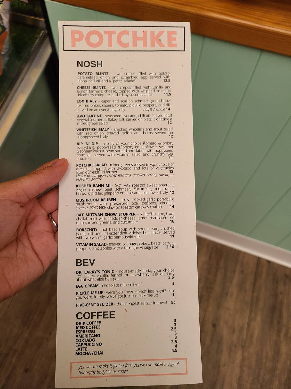Menu at Potchke restaurant, Knoxville