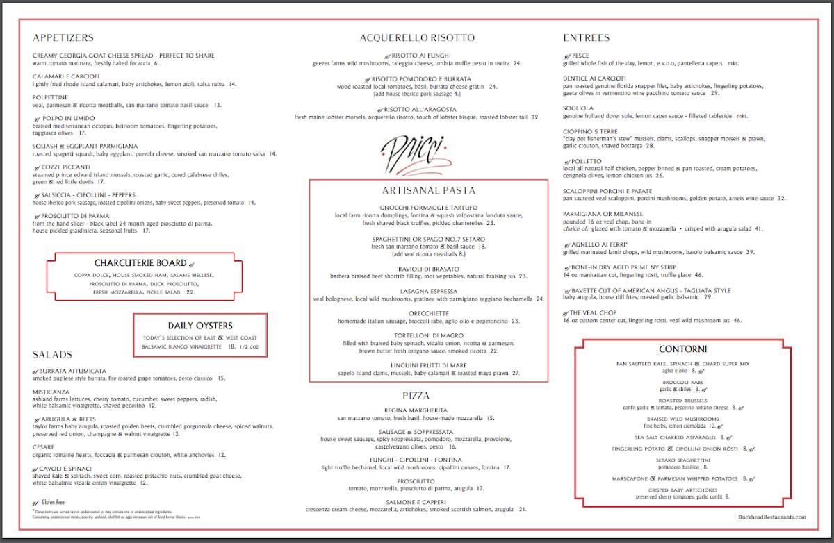 Menu at Pricci restaurant, Atlanta, 500 Pharr Rd NE