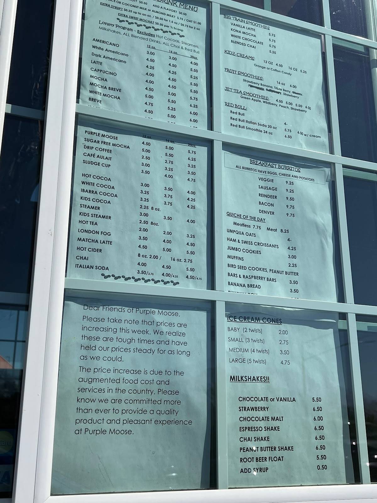 Menu at Purple Moose Espresso restaurant, Palmer