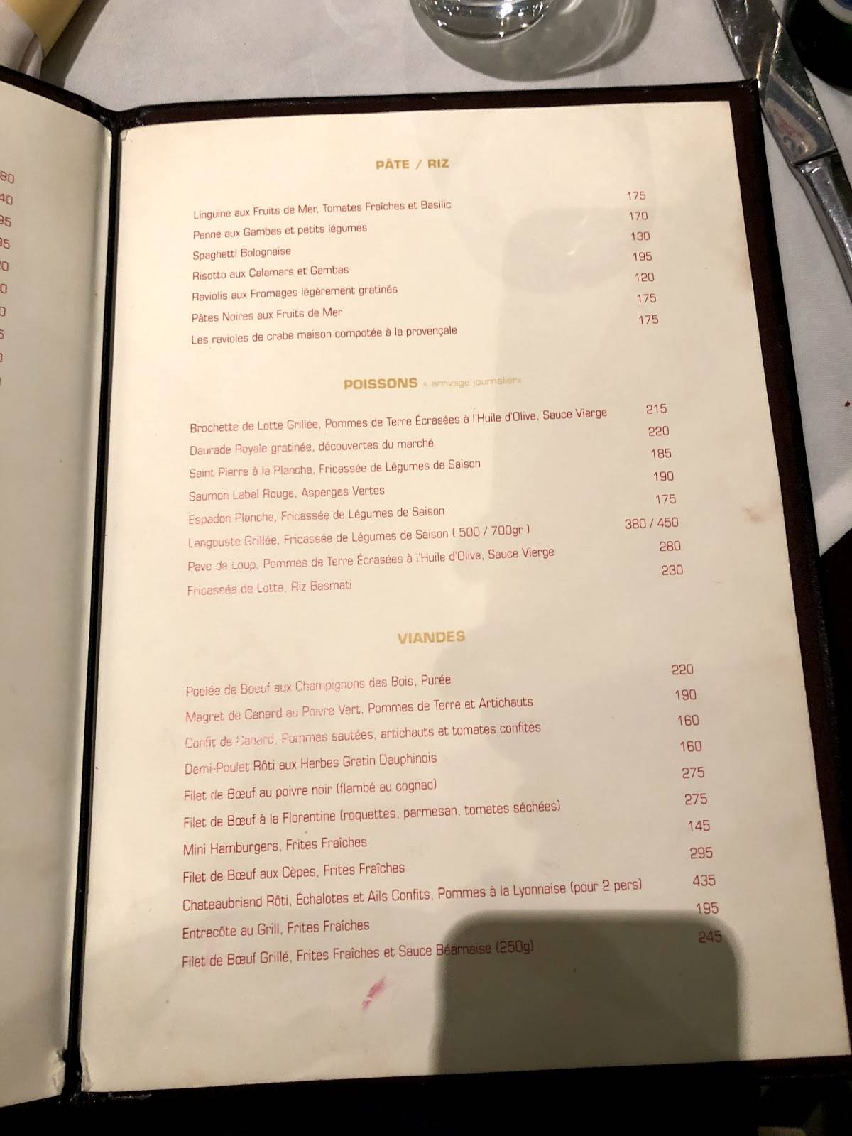 Menu au Relais de Paris restaurant, Casablanca, Av. Habib Sinaceur