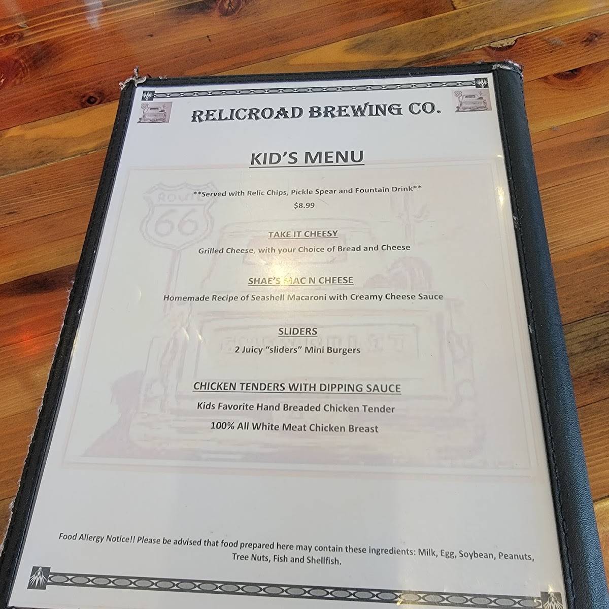 Menu at RelicRoad Brewing Company restaurant, Winslow