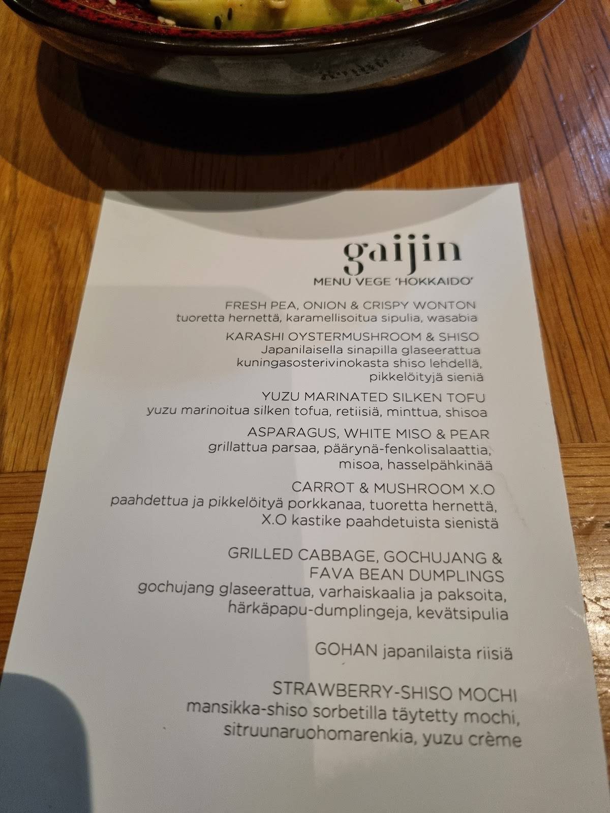 Menu at Restaurant Gaijin, Helsinki