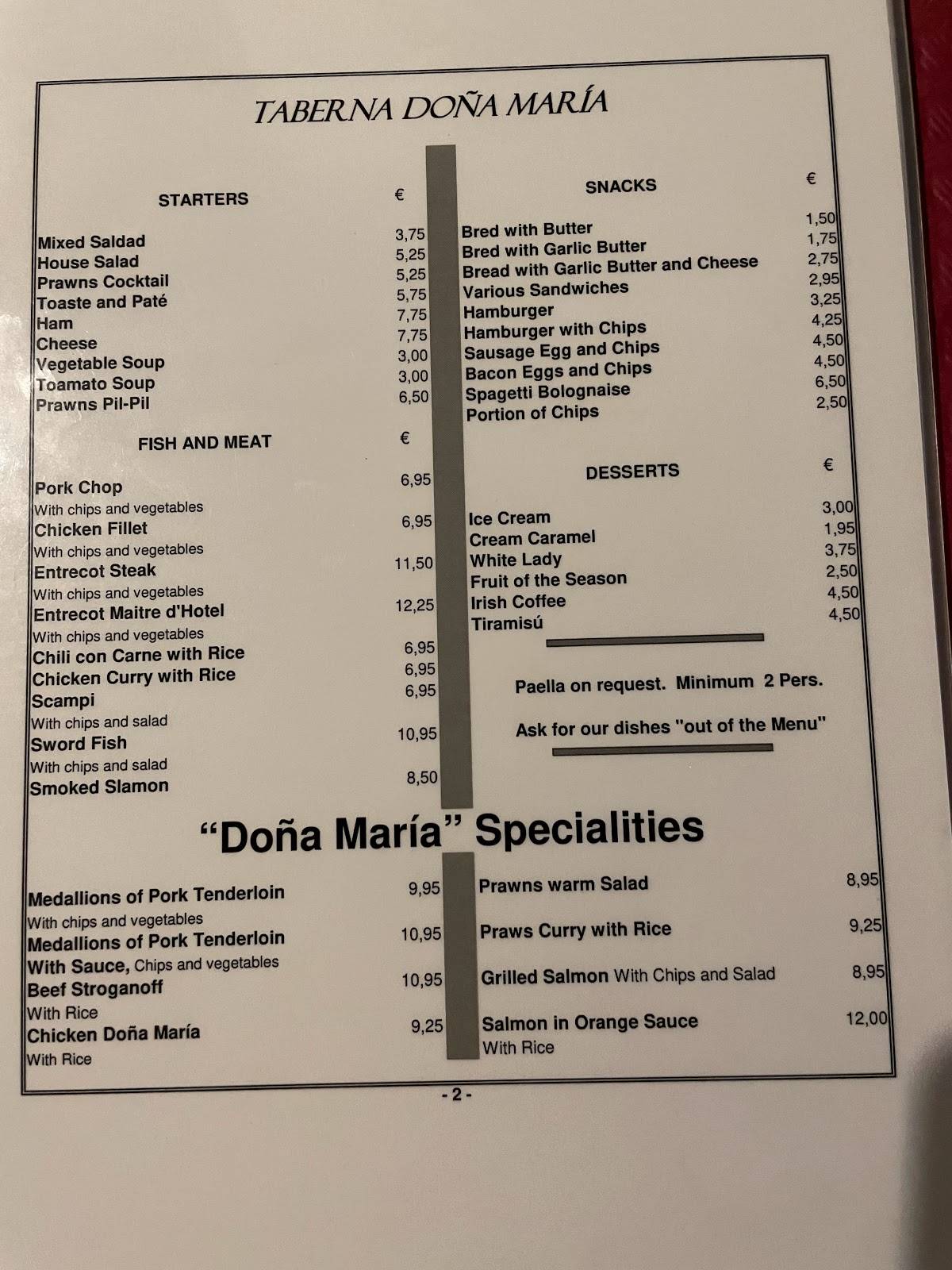 Menu at Restaurante Doña María, Las Lagunas de Mijas