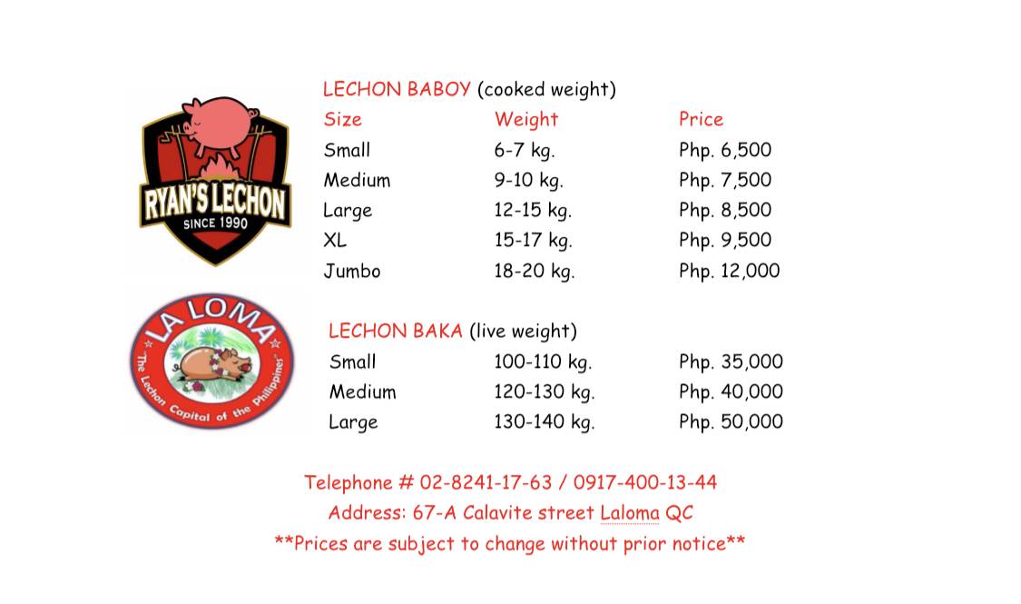 Menu at Ryan's Lechon Baboy and Baka restaurant, Quezon City