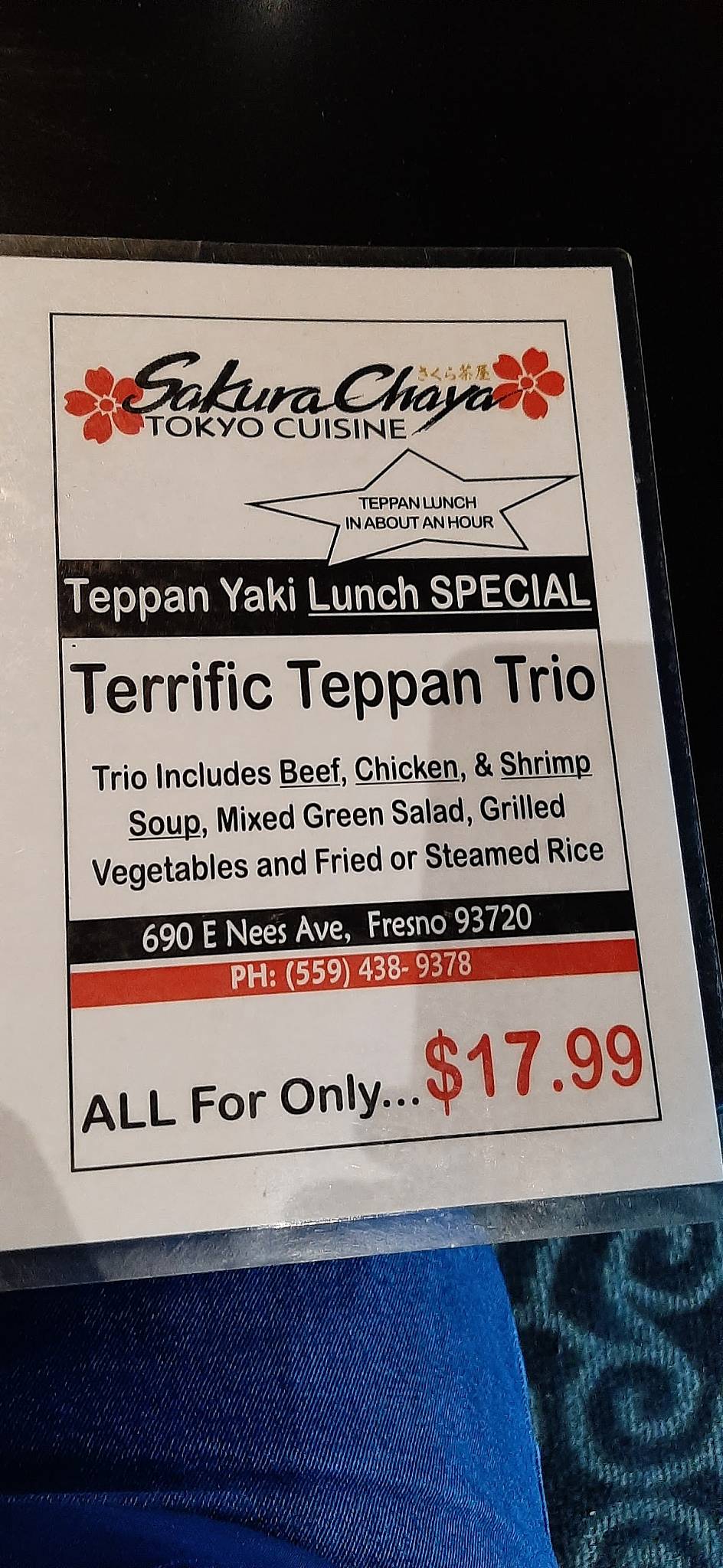 Menu at Sakura Chaya restaurant, Fresno