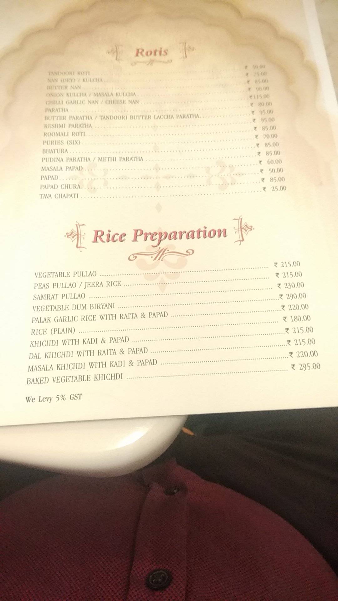 Menu at Samrat, Mumbai, Prem Court