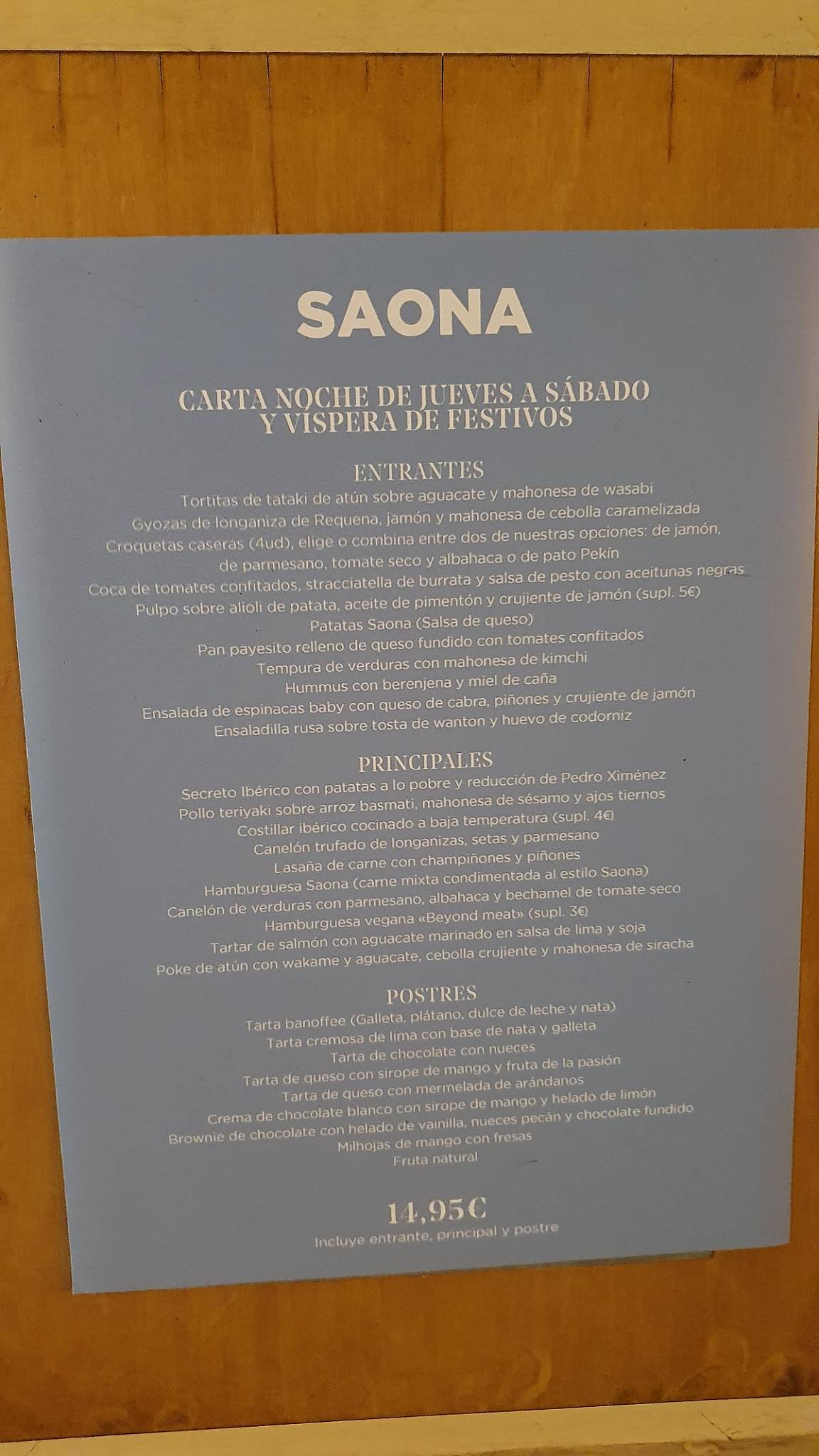 Carta del restaurante Saona Alicante, Alicante