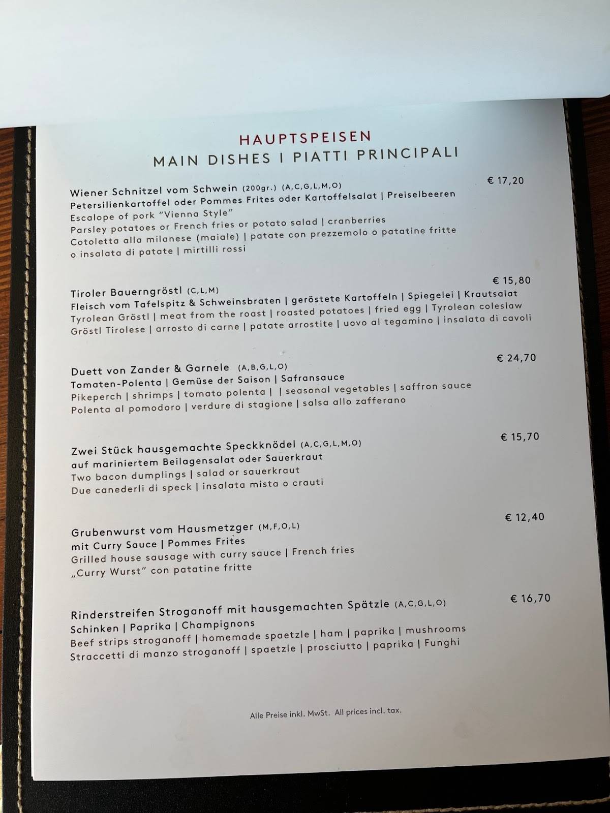Speisekarte von Restaurant Seegrube, Innsbruck