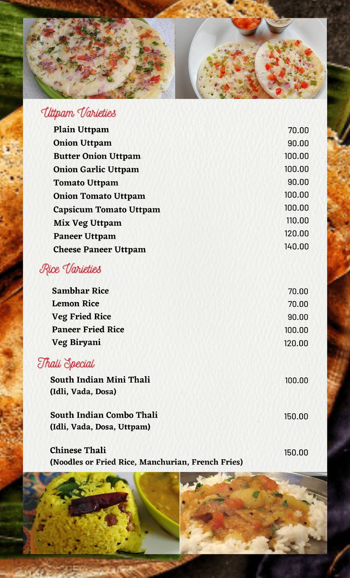Menu at Shankar's Dosa, New Delhi