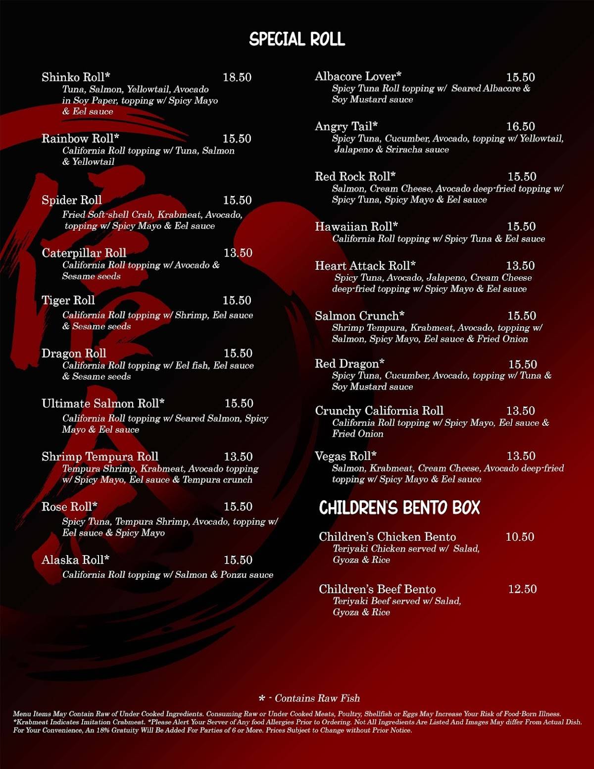 Menu at Shinkō Sushi House restaurant, Phoenix