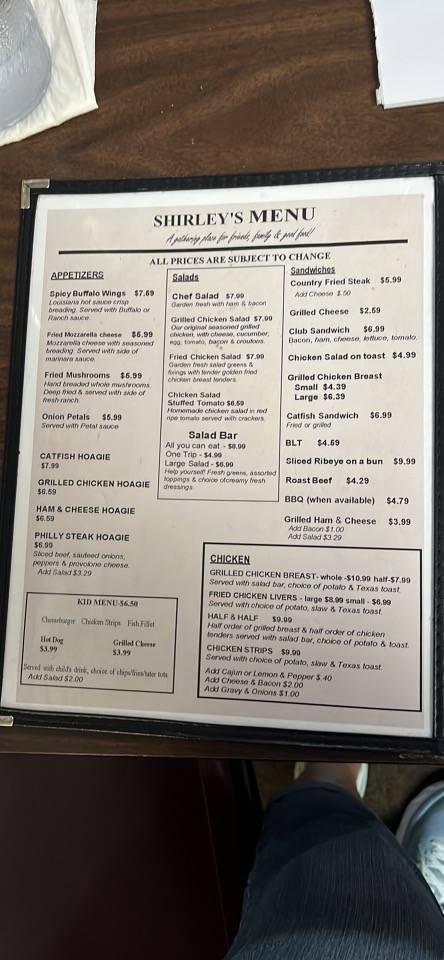 Menu at Shirley's Restaurant, Ripley