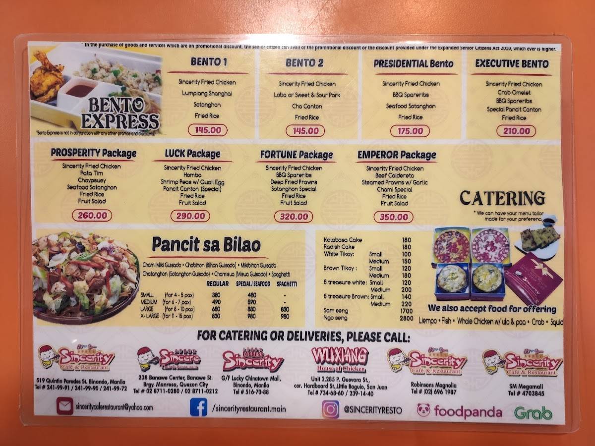 Menu at Sincerity Restaurant, Manila, 519 Quintin Paredes