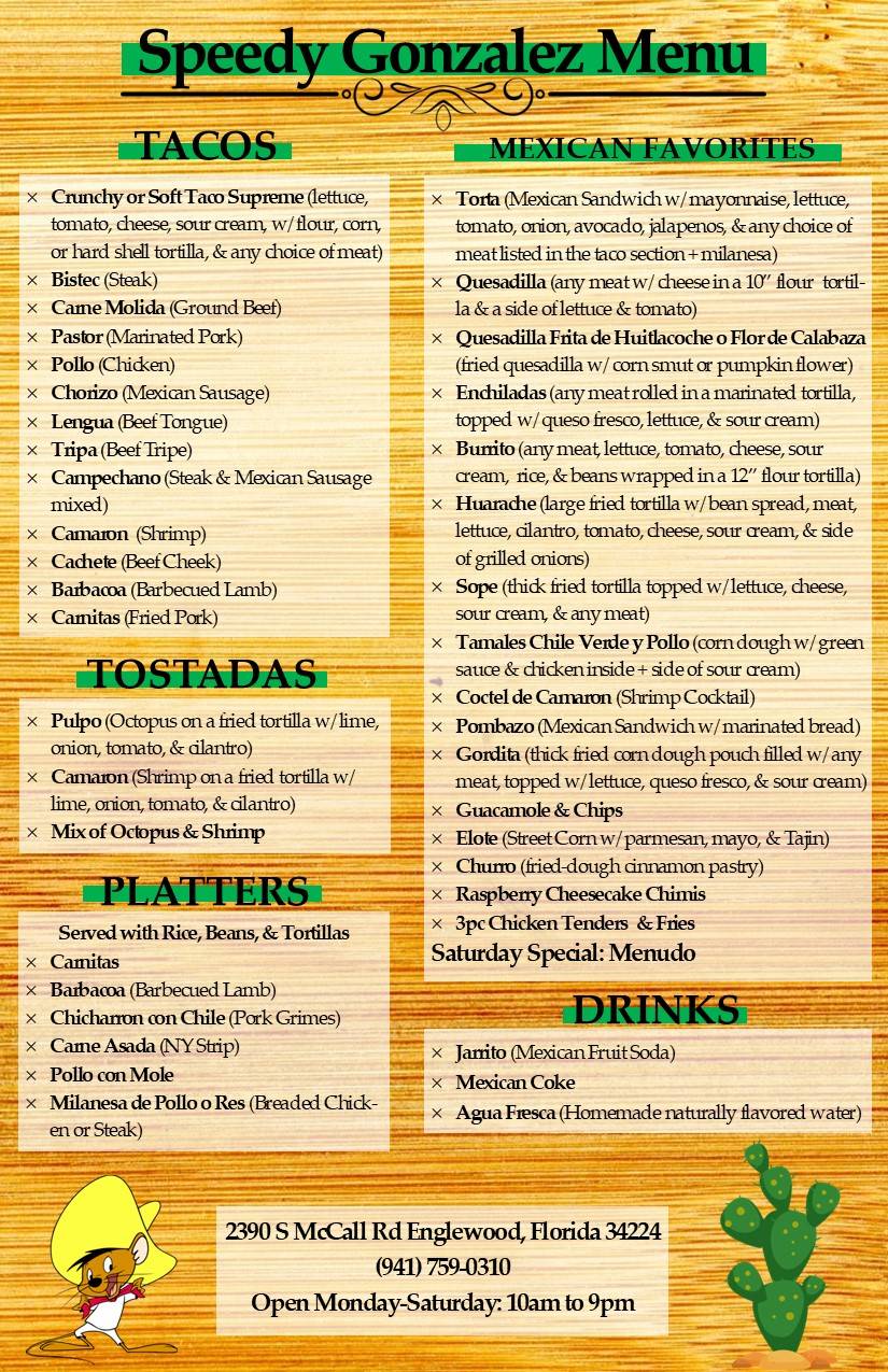 Menu at Speedy Gonzalez Mexican Food Truck restaurant, Englewood