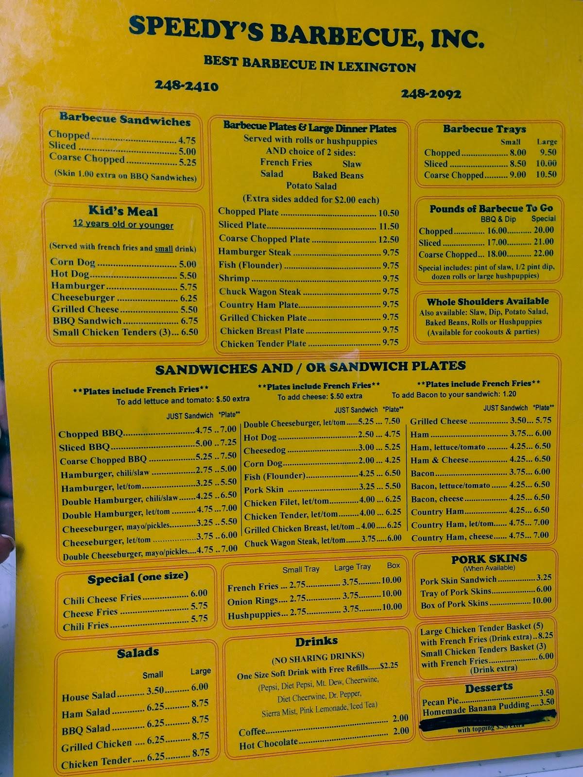 Menu at Speedy's BBQ, Lexington, 408 Piedmont Dr