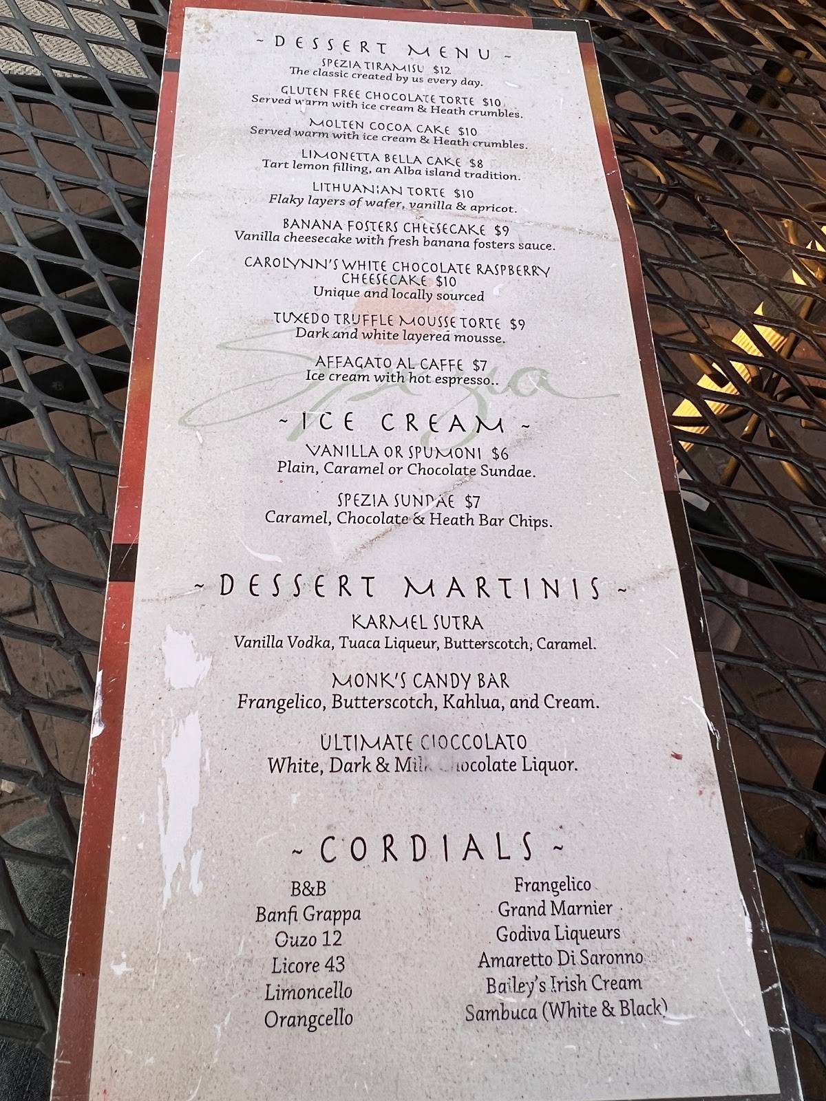 Menu at Spezia Omaha restaurant, Omaha