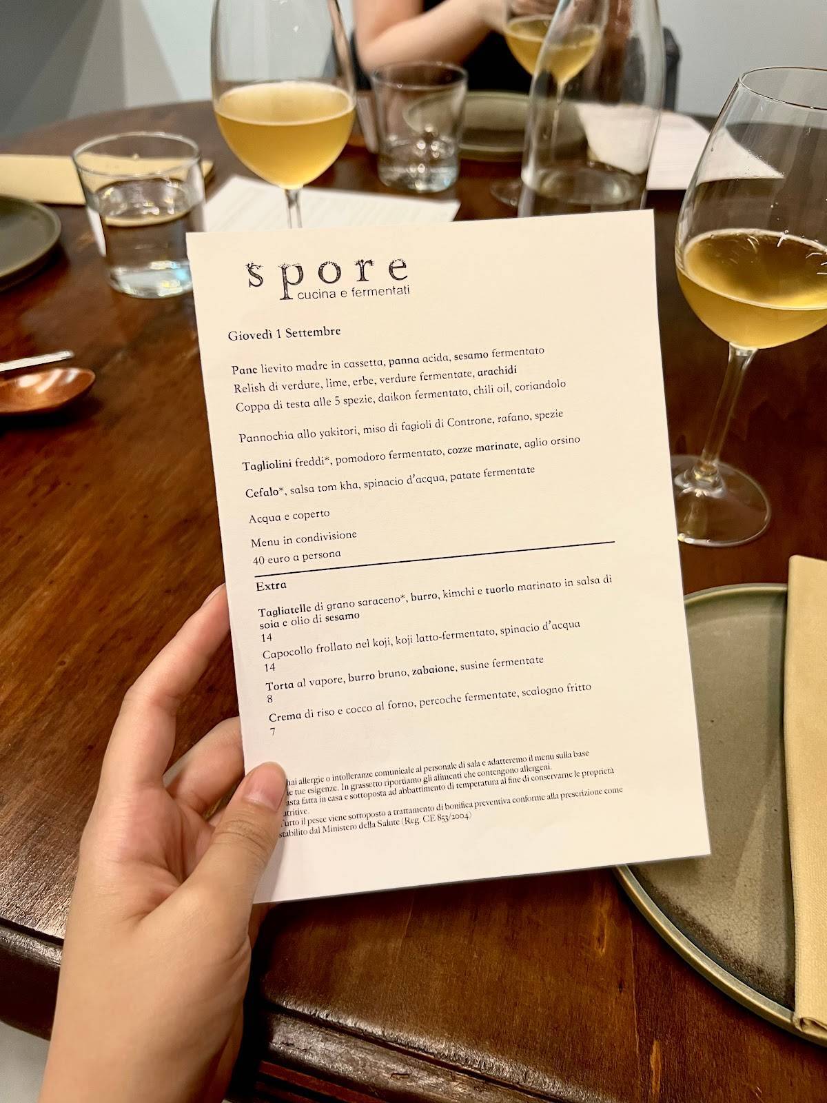 Menu at Spore restaurant, Milan
