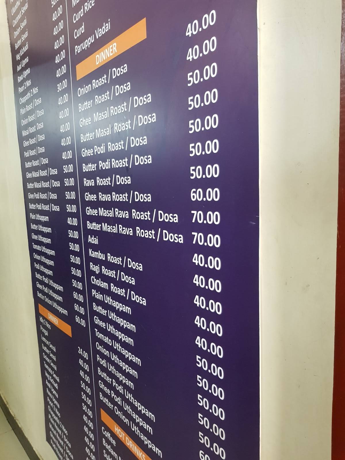 Menu at Sri Krishna Iyer Mess, Coimbatore