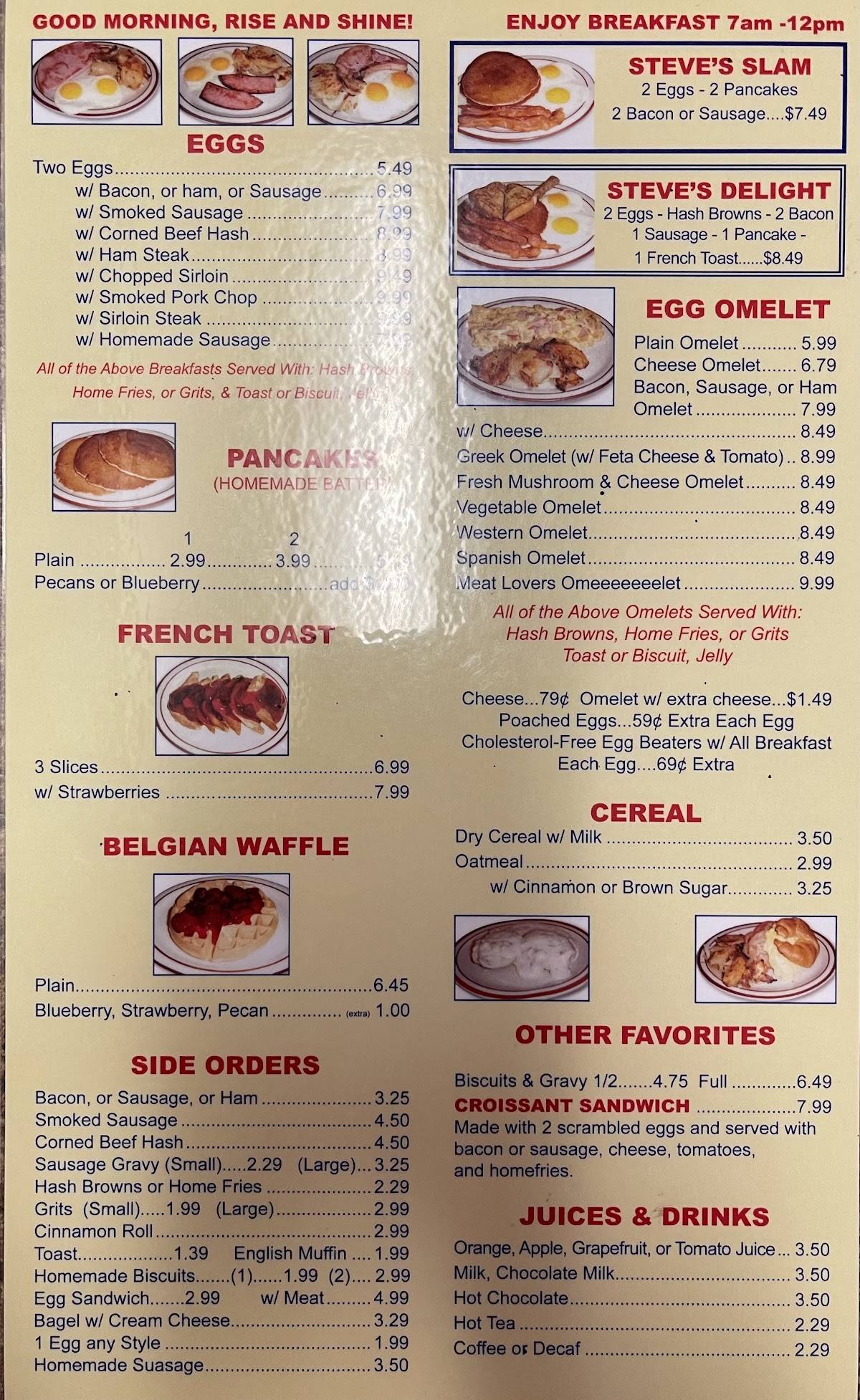 Menu at Steve's Family Diner restaurant, Titusville