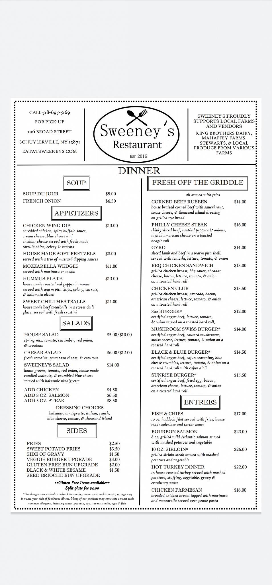 Menu at Sweeney's restaurant, Schuylerville, 106 Broad St