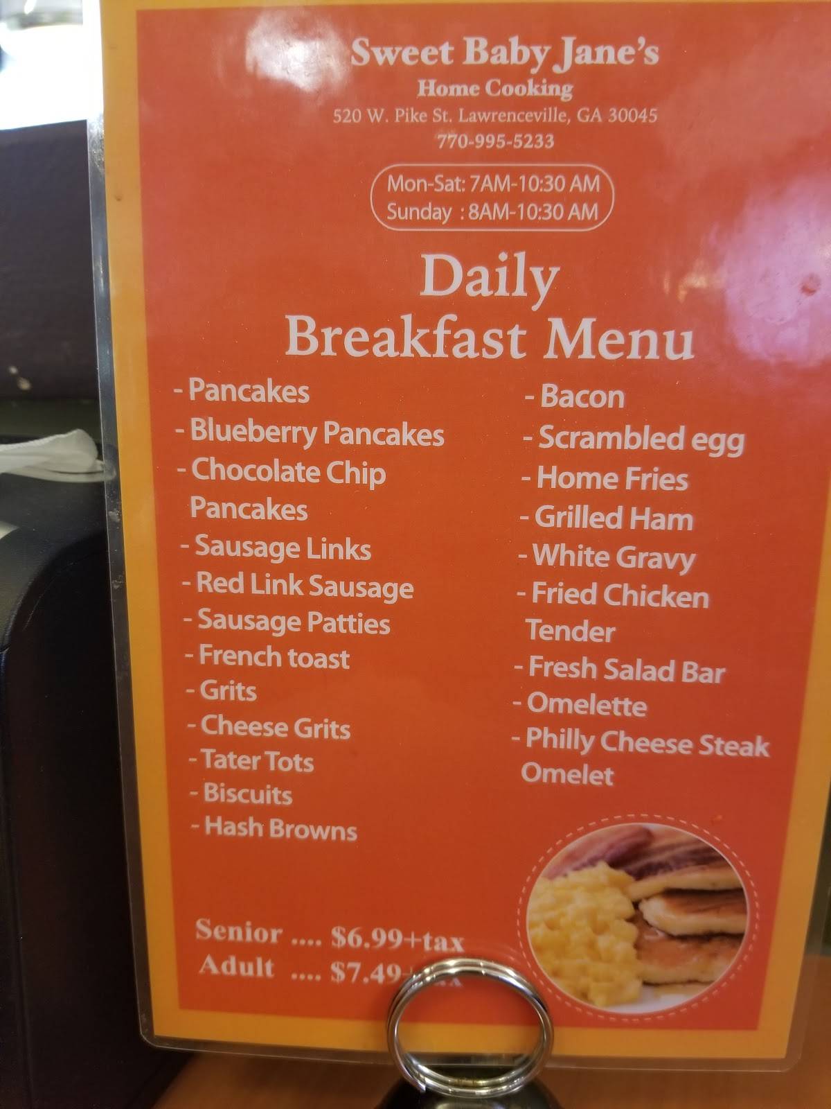 Menu at Sweet Baby Jane's restaurant, Lawrenceville