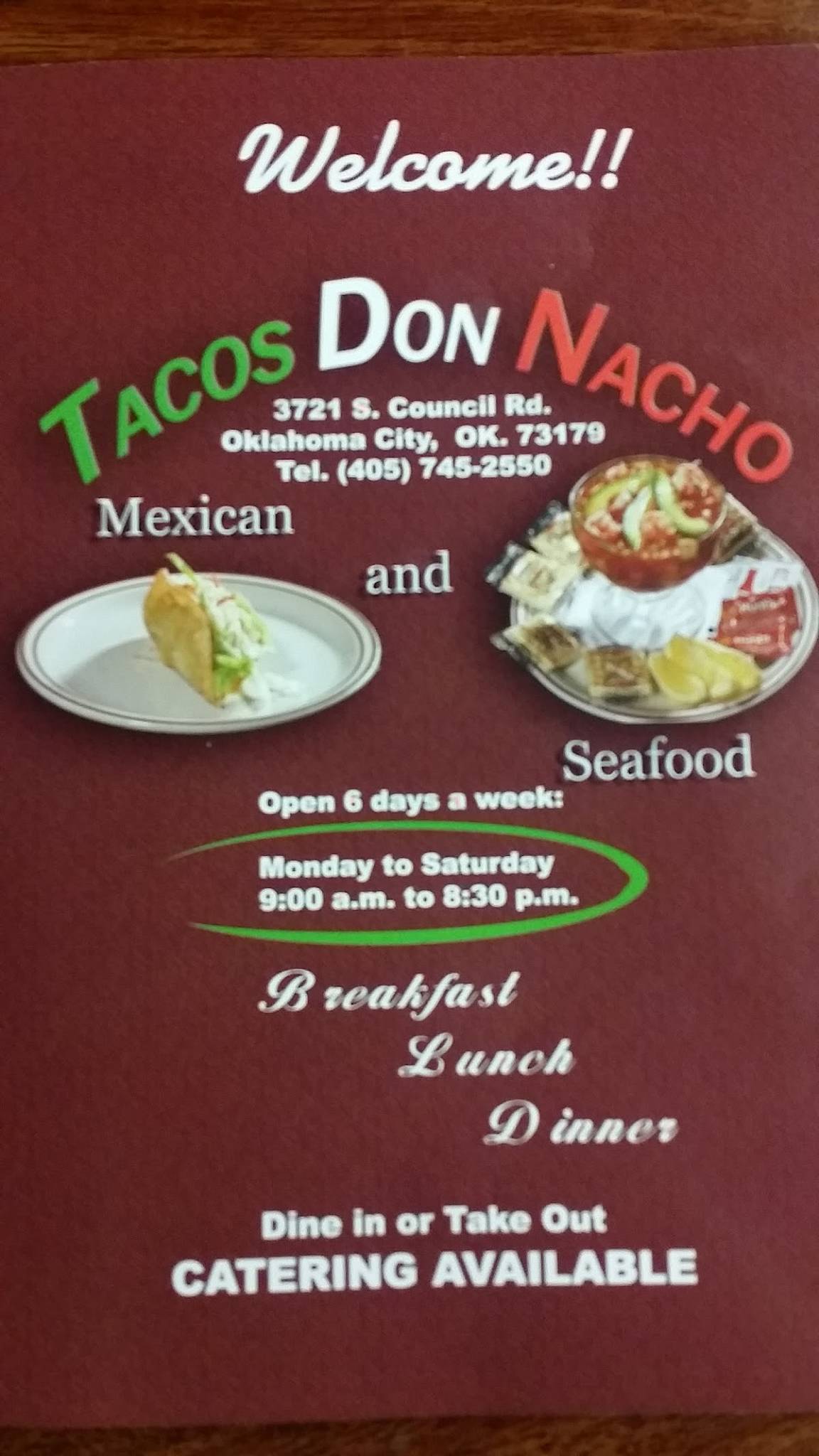 Menu at Tacos Don Nacho restaurant, Oklahoma City