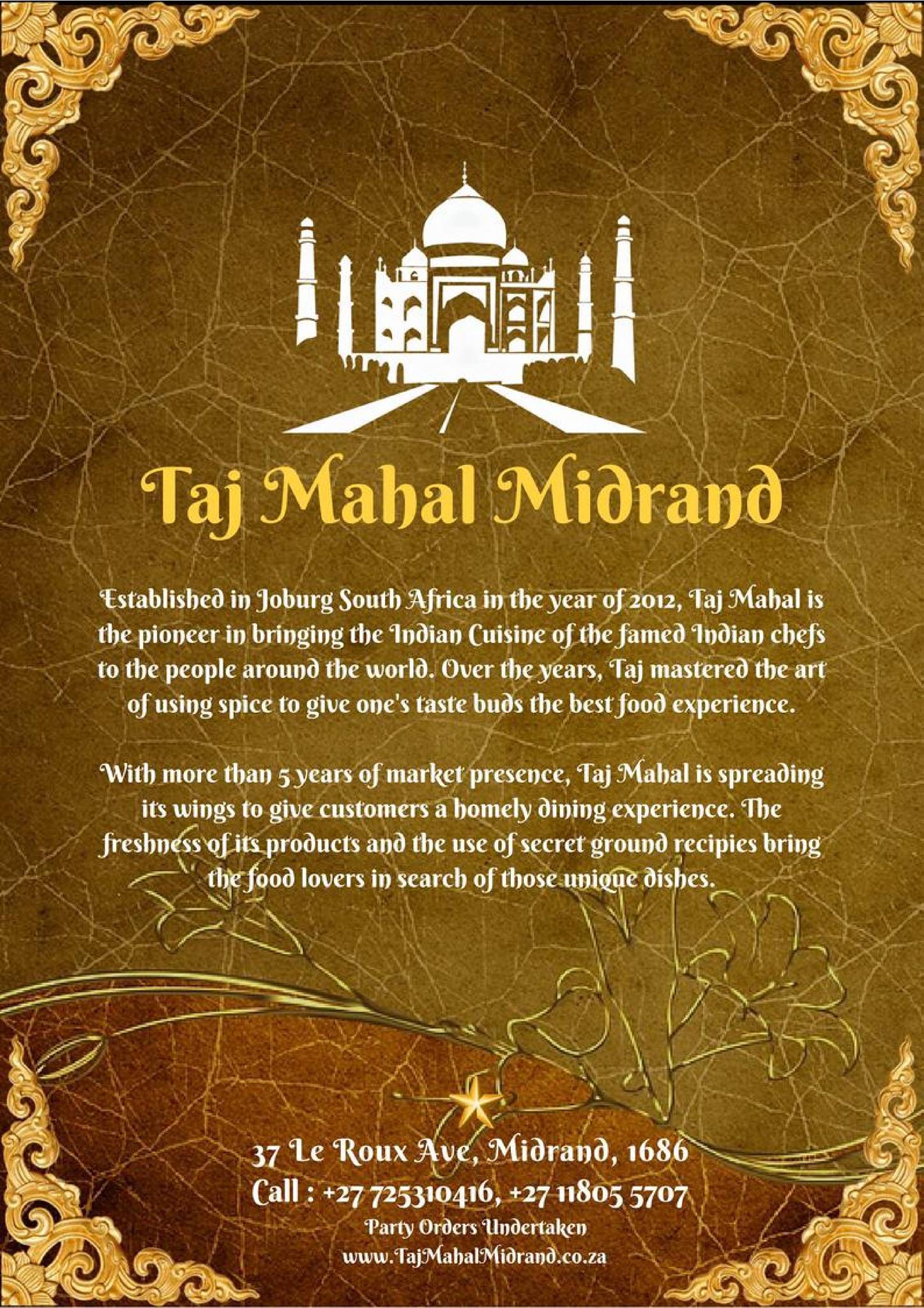 Menu at Taj Mahal Indian Restaurant, Midrand, 37 Le Roux Avenue