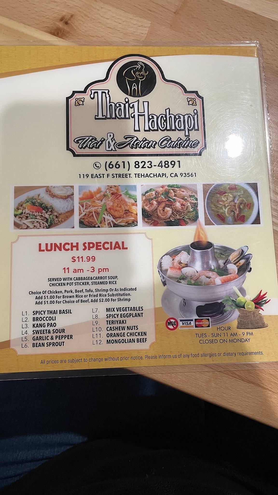 Menu at Thai Hachapi restaurant, Tehachapi