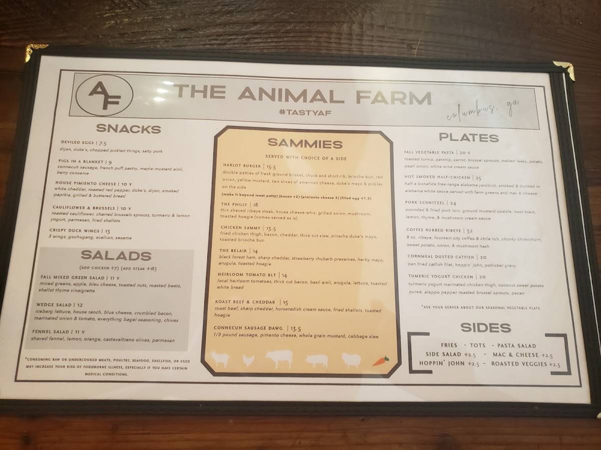 Menu at The Animal Farm restaurant, Columbus