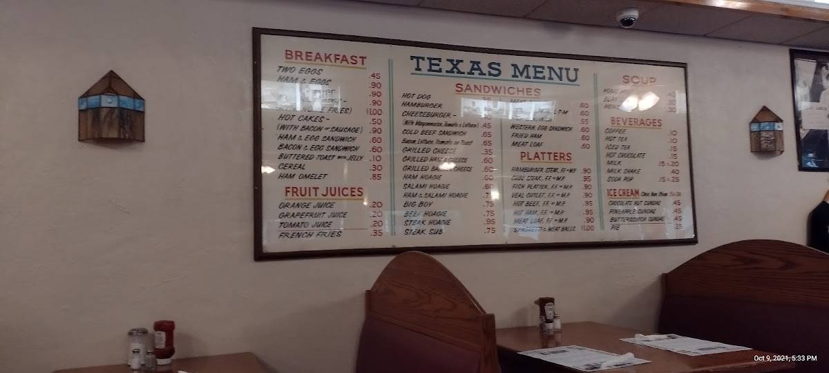 Menu at The Historic Texas Lunch restaurant, Chambersburg