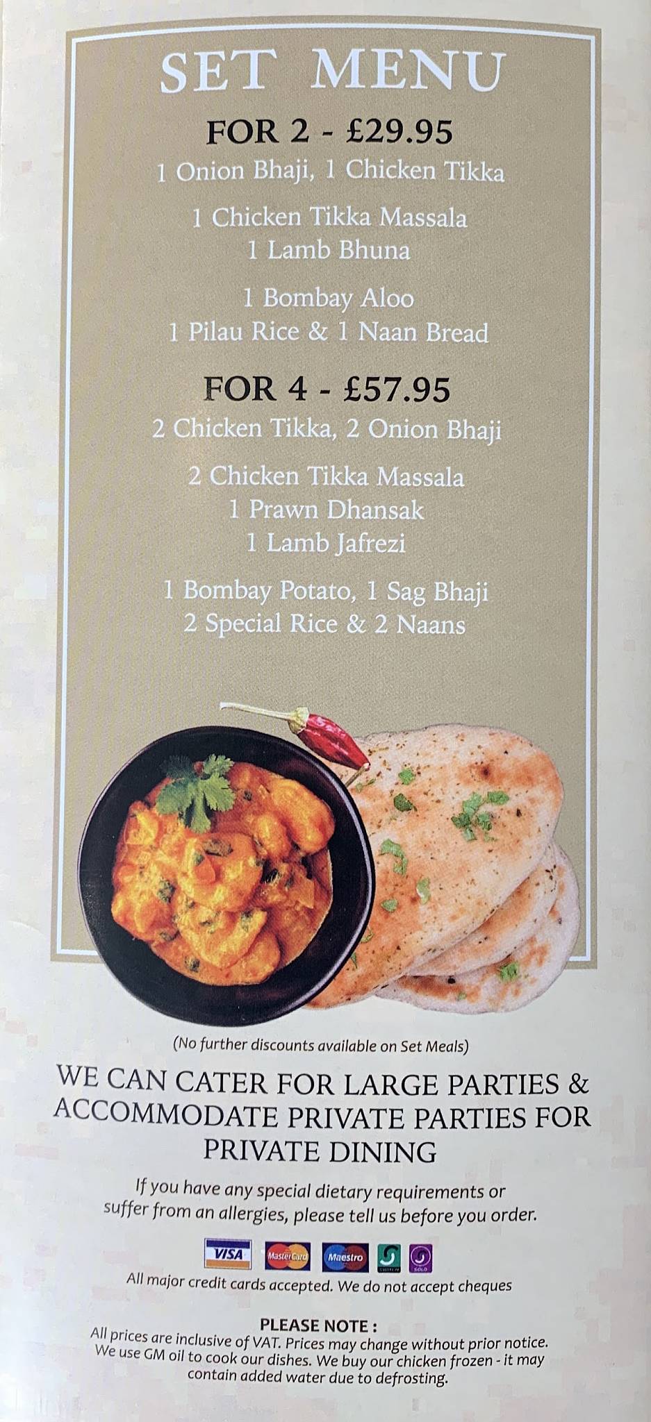 Menu at The House of Spice restaurant, Shanklin
