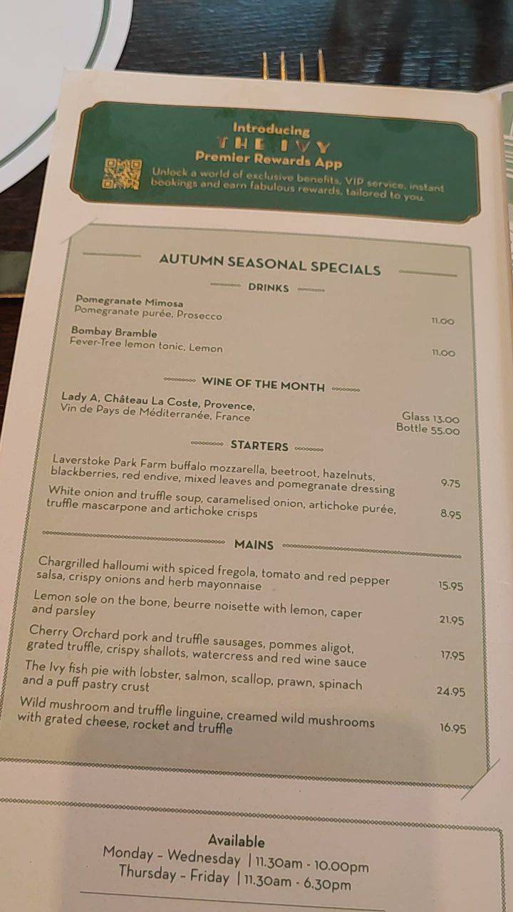 Menu at The Ivy Windsor restaurant, Windsor